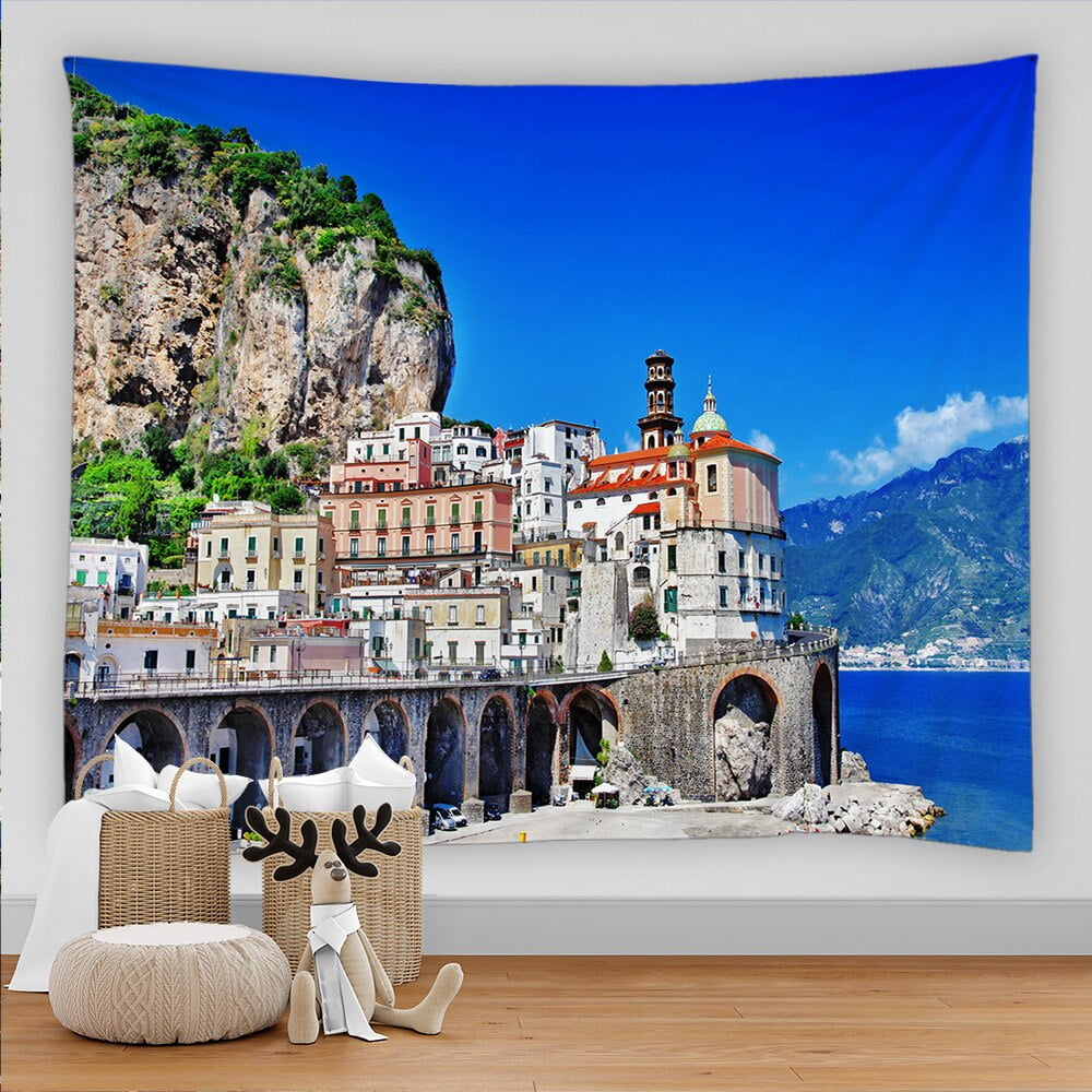 Beautiful Blue Seaside Scenery House Printed Large Wall Tapestry Hippie ...
