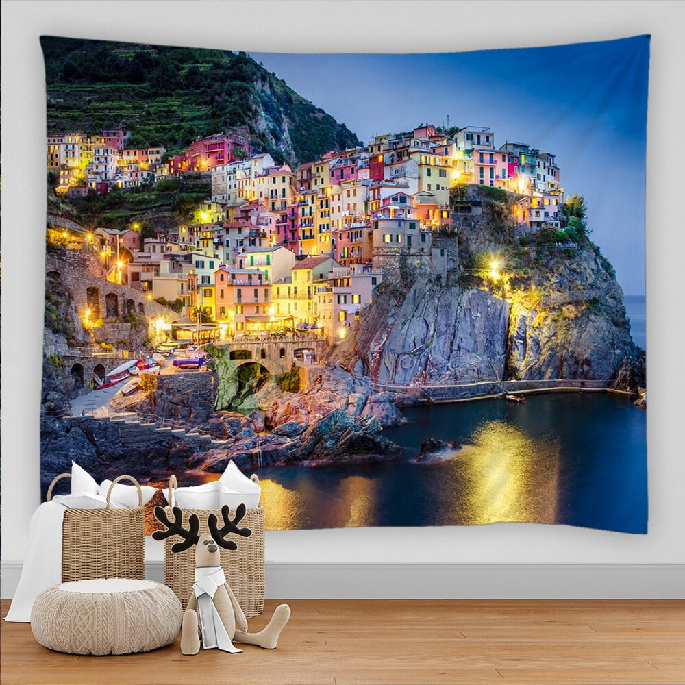 Beautiful Blue Seaside Scenery House Printed Large Wall Tapestry Hippie ...