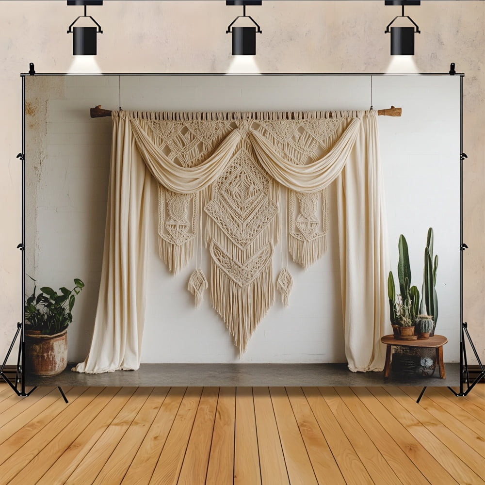 Beautiful Boho Macrame Wall Backdrop with Tassels – Beige Polyester ...
