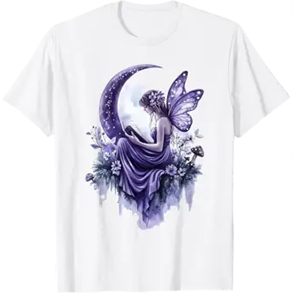 Beautiful Book Fairy Reading Crescent Moon Gothic Bookish T-Shirt ...