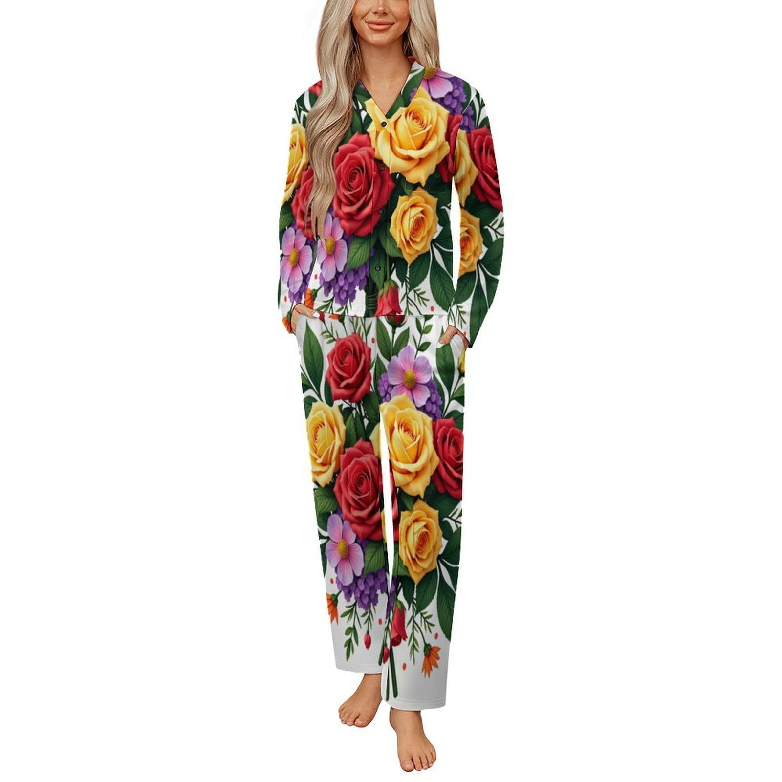 Beautiful Bouquet of Colorful Flowers Womens Pyjamas Set Button Up ...