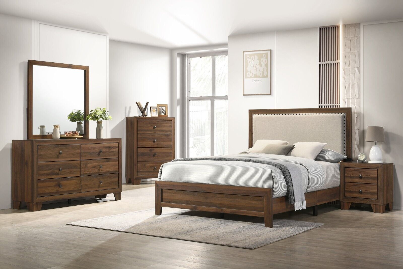 Beautiful Brown Cherry Finish 5Pc Full Size Upholstered HB Panel Bed ...