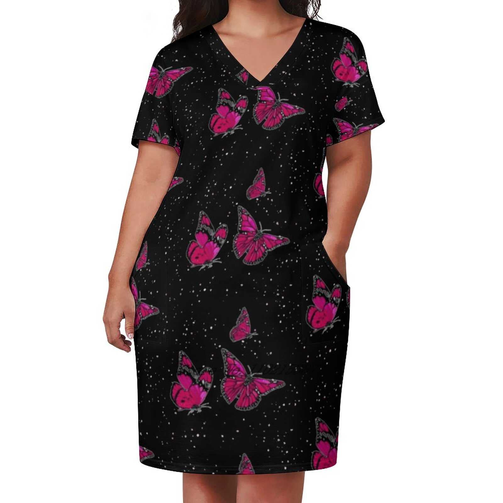 Beautiful Butterflies Loose Pocket Dress Fashion Print Dress Short Sleeve V-Neck A-Line Dress ...
