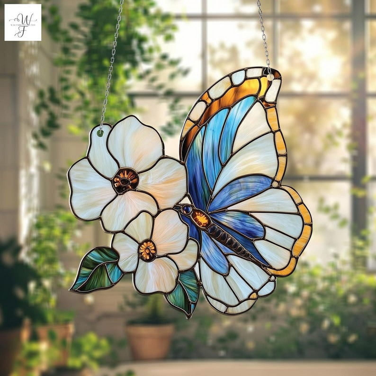 Beautiful Butterfly Acrylic Window Hanging with White Flowers, Elegant ...
