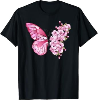 Beautiful Butterfly Flower Mix Design - Pink Japanese Cherry T-Shirt ...