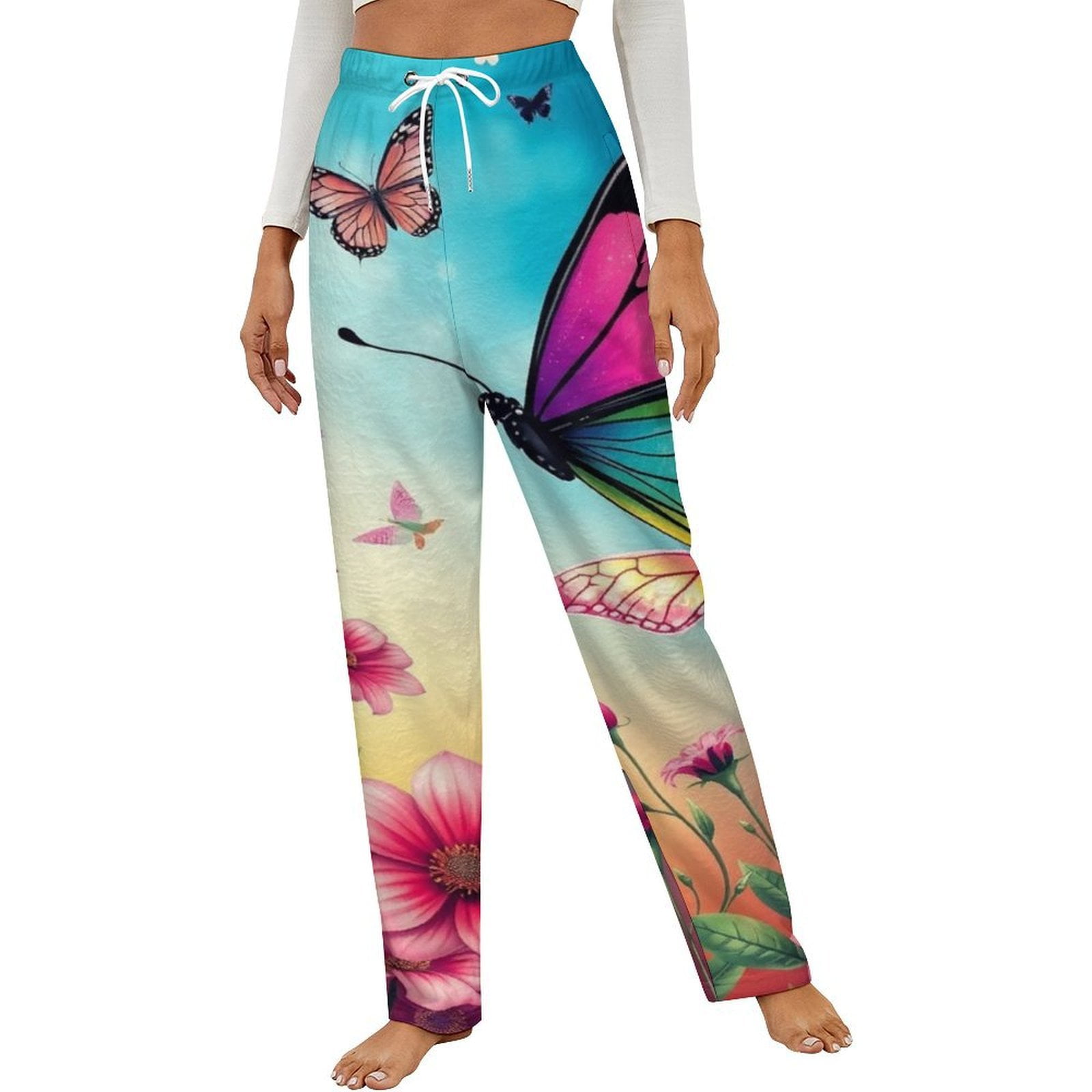 Beautiful Butterfly Flowers Art Winter Pajamas Pants Warm Flannel Home ...