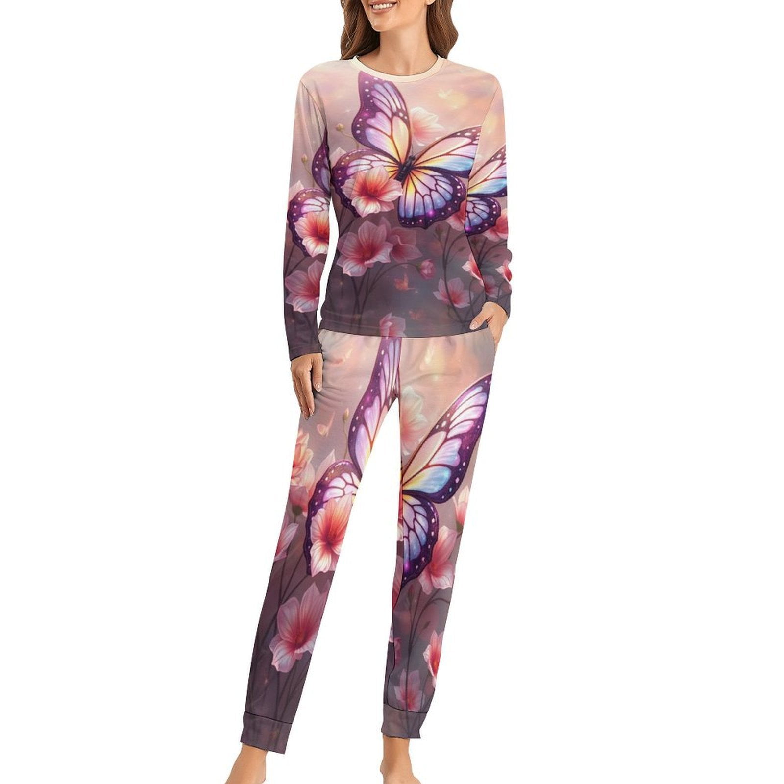 Beautiful Butterfly Flowers Pajamas Woman Two Piece Design Long Sleeves ...