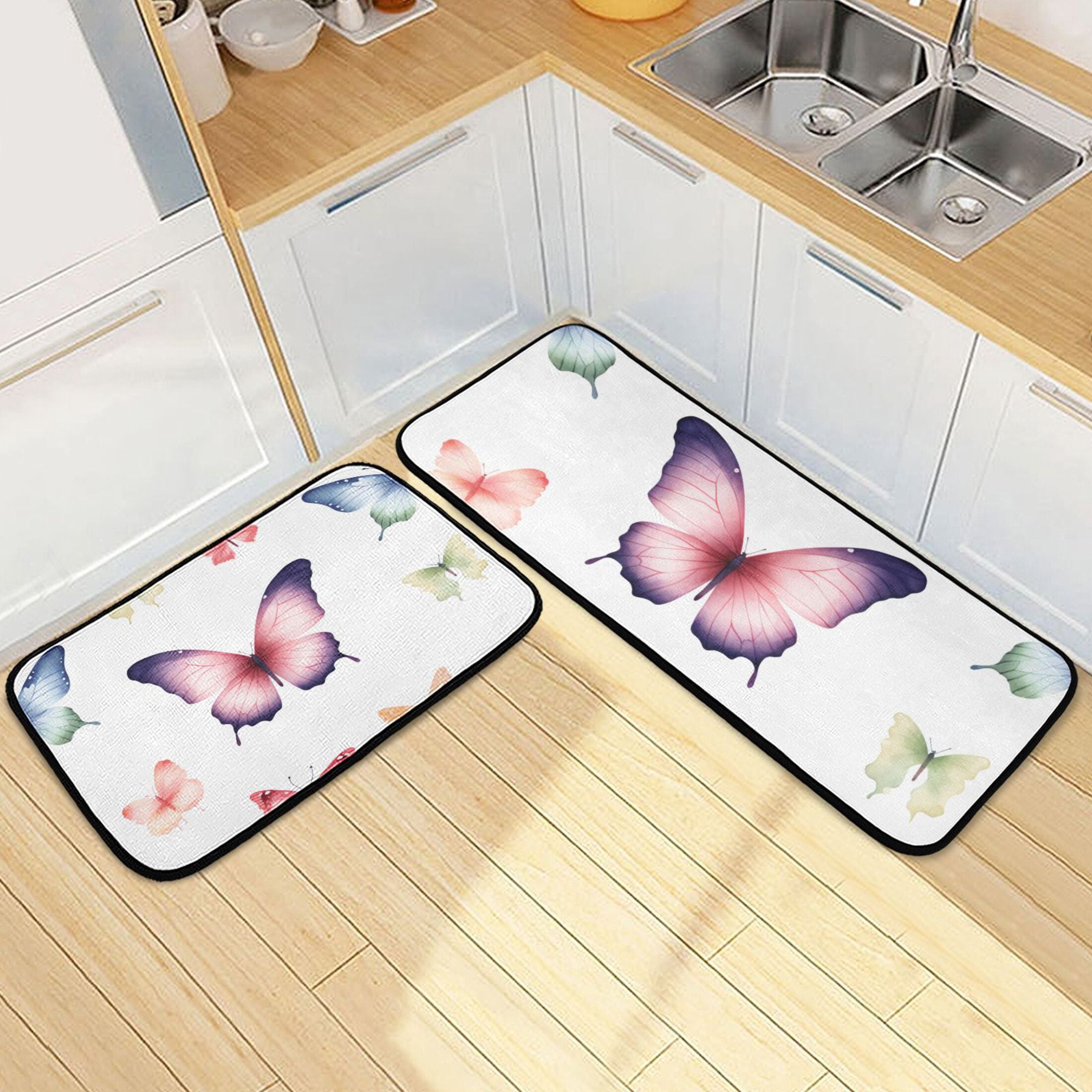 Beautiful Butterfly Kitchen Rugs Set of 2 Non Slip Floor Foam Mat ...