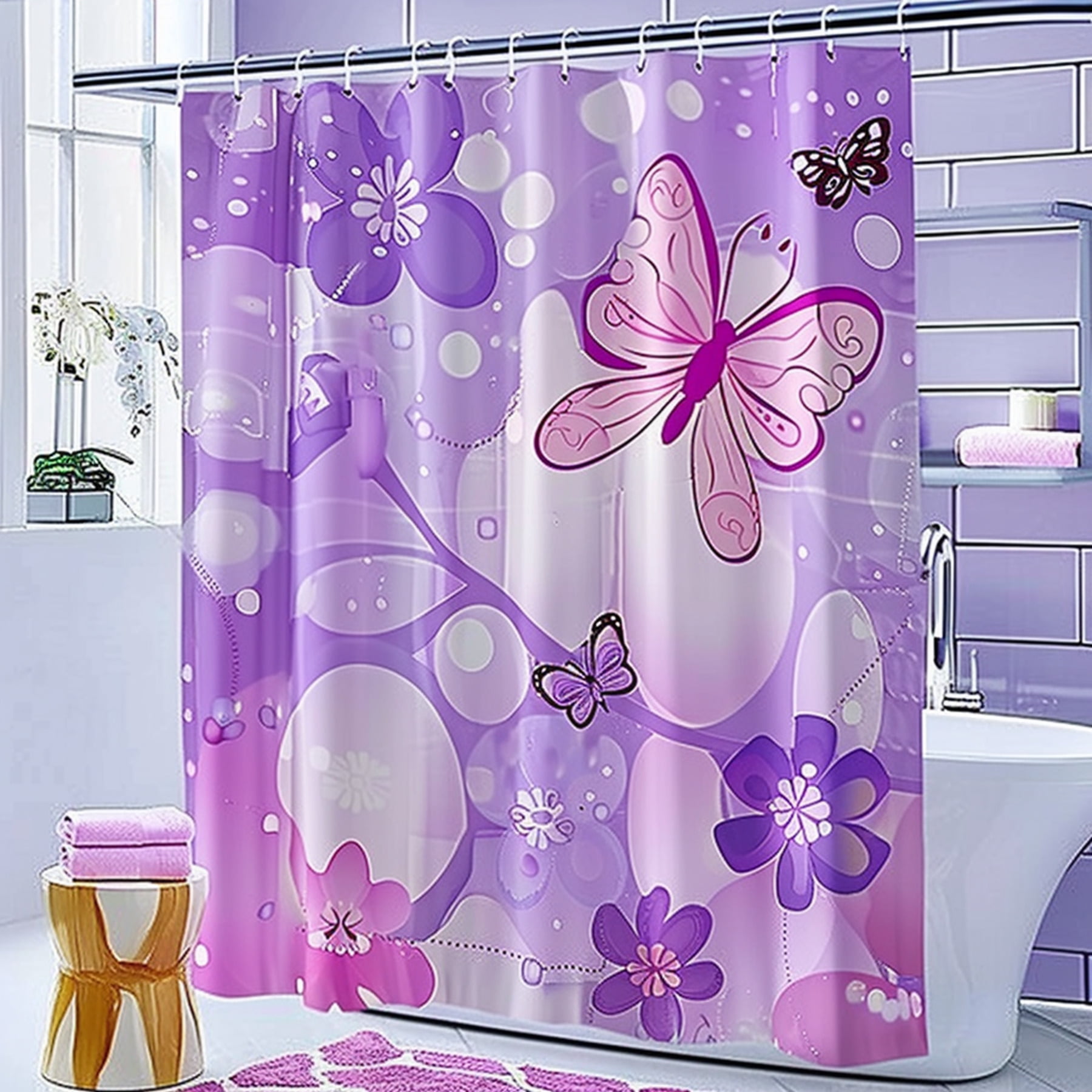 Beautiful Butterfly And Floral Shower Curtain With Pink And Purple