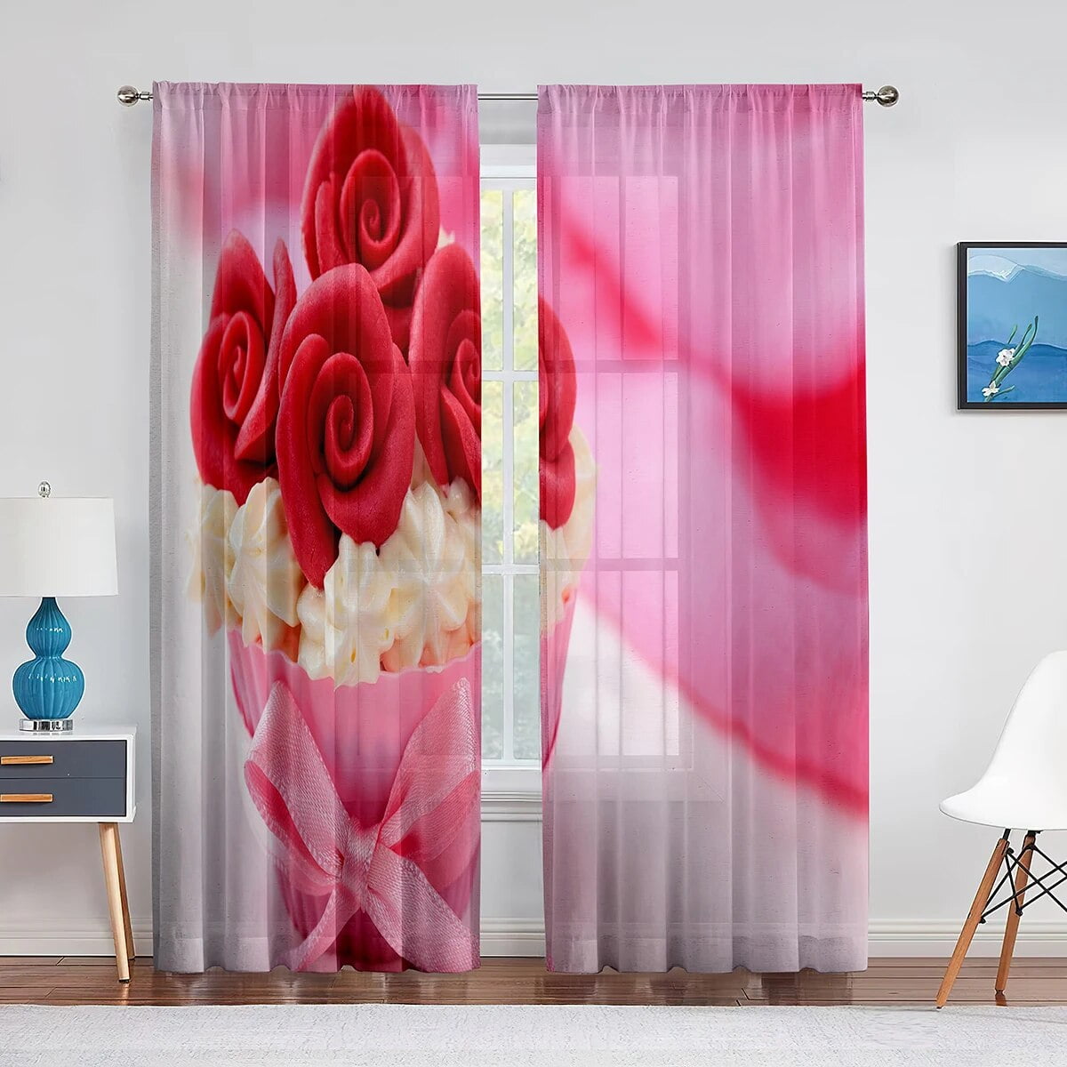 Beautiful Cake Rose Flowers Cream Sheer Voile Curtains Living Room ...
