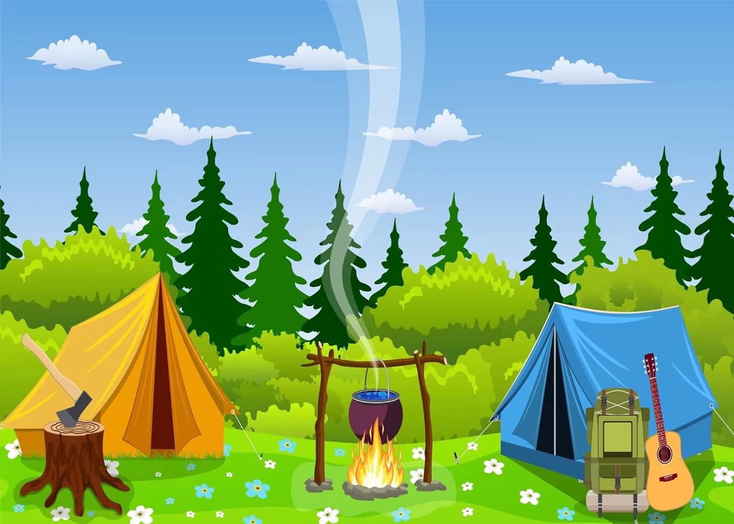 Beautiful Camping Backdrop Cartoon Forest Scene Bonfire Campfire Party ...