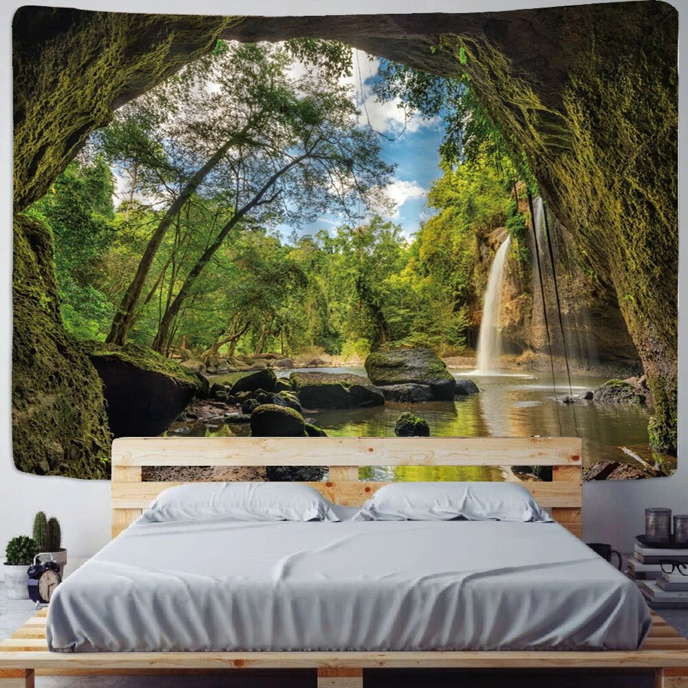 Beautiful Cave Waterfall Print Wall Tapestry Polyester Fabric forest ...