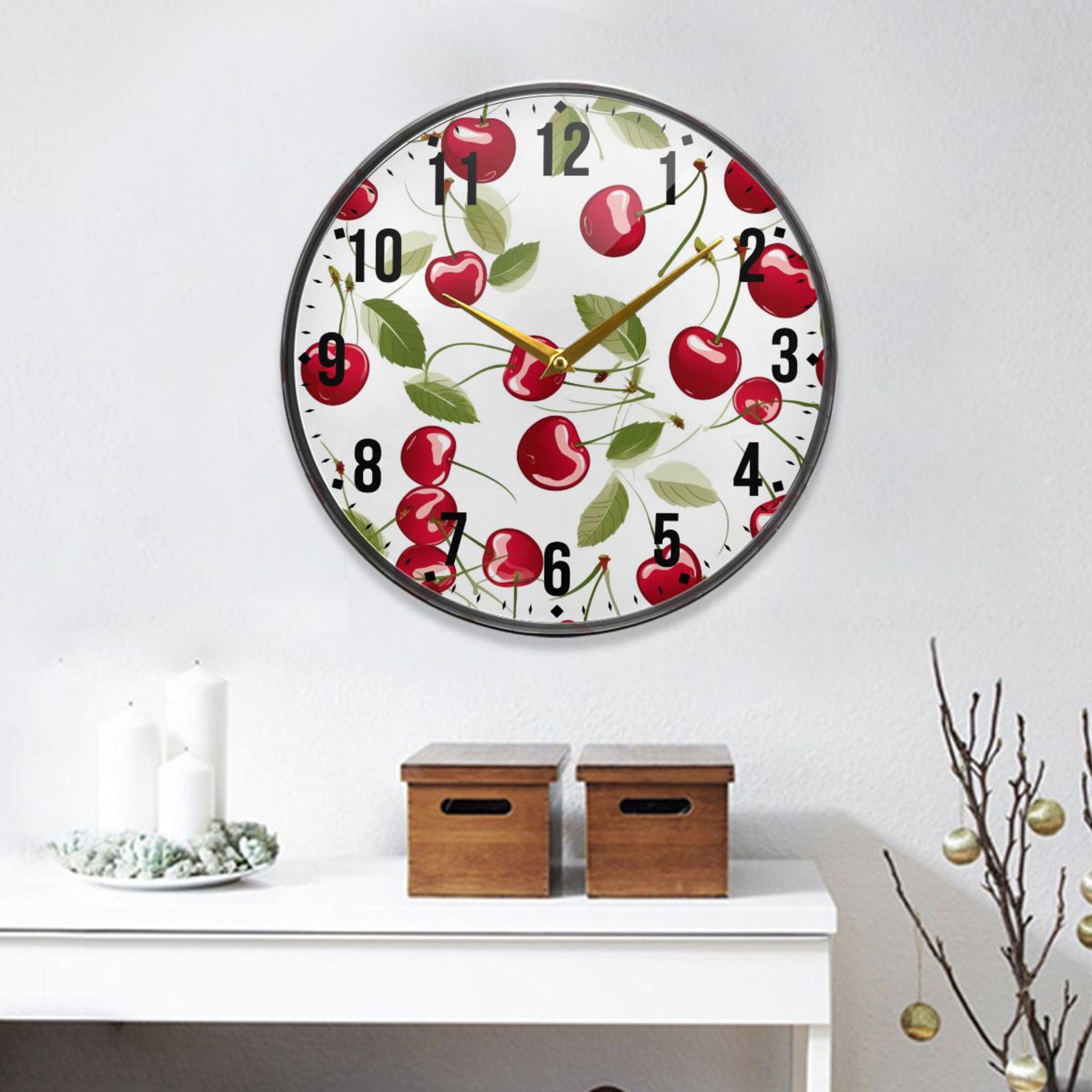 Beautiful Cherry Fruits Round Wall Clock 12 Inch Non-Ticking Silent ...