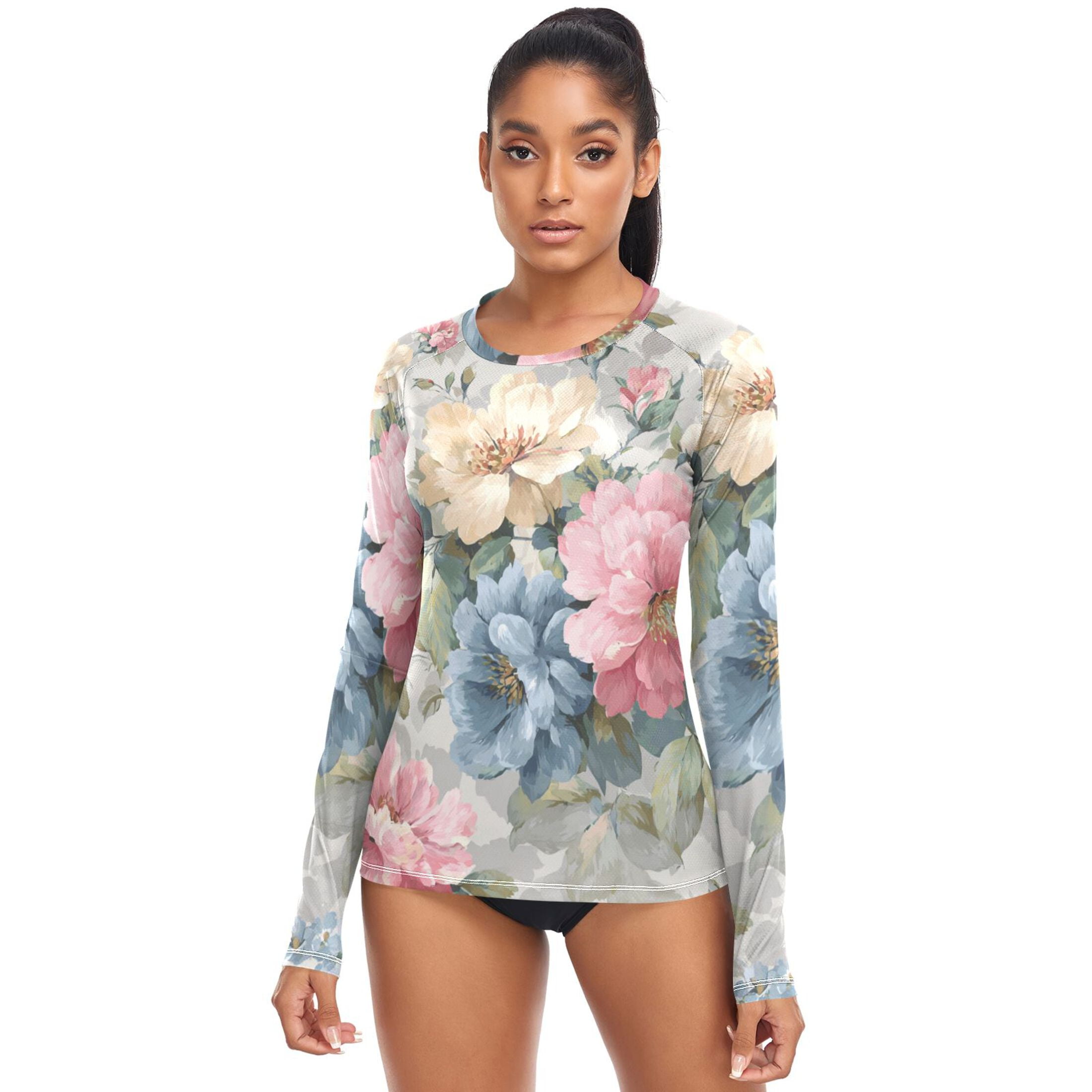 Beautiful Chic Florals with Pastel Colors Women's Rash Guard Shirts UPF ...