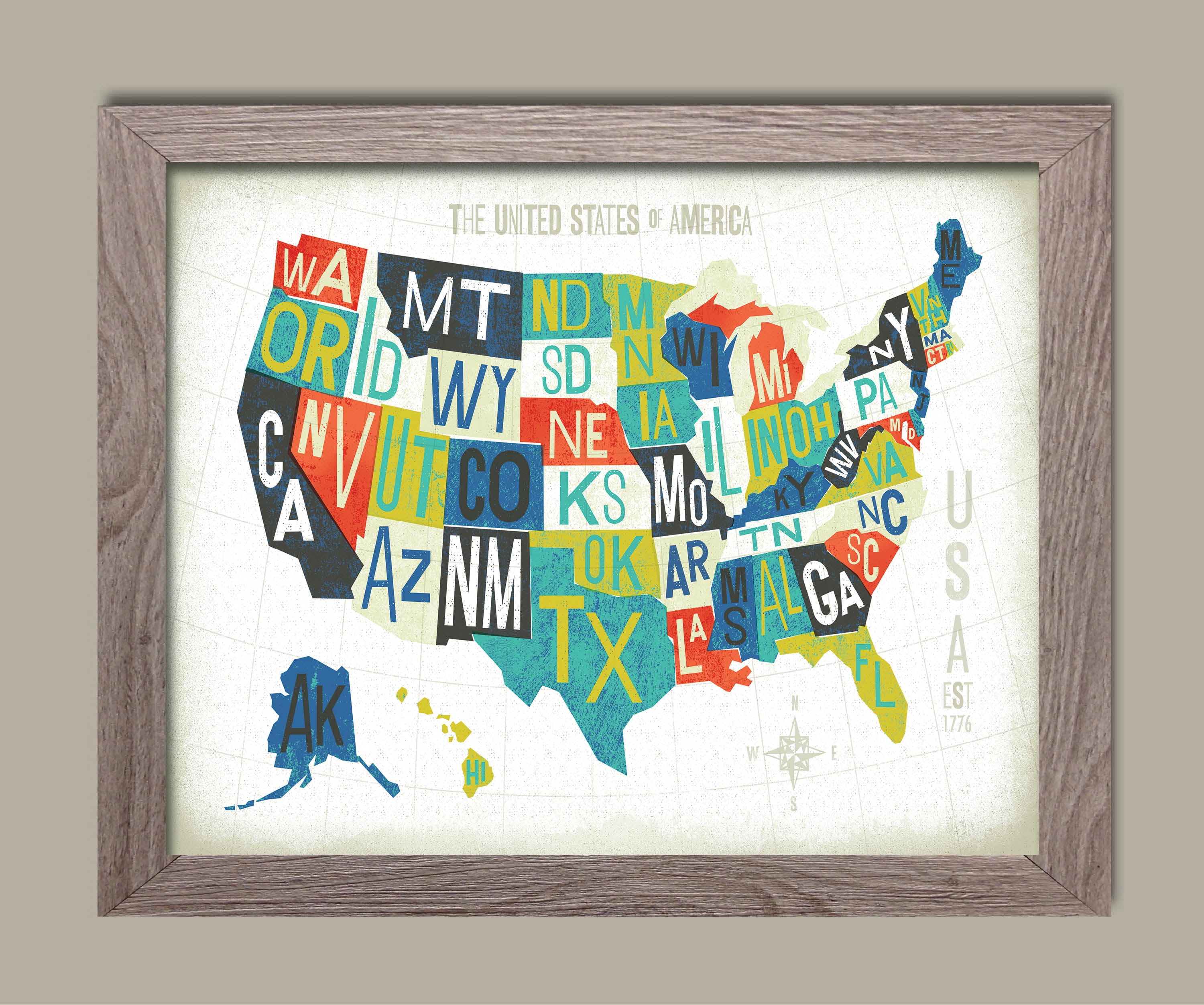 Beautiful Colorful Letterpress State Map of The United States by ...