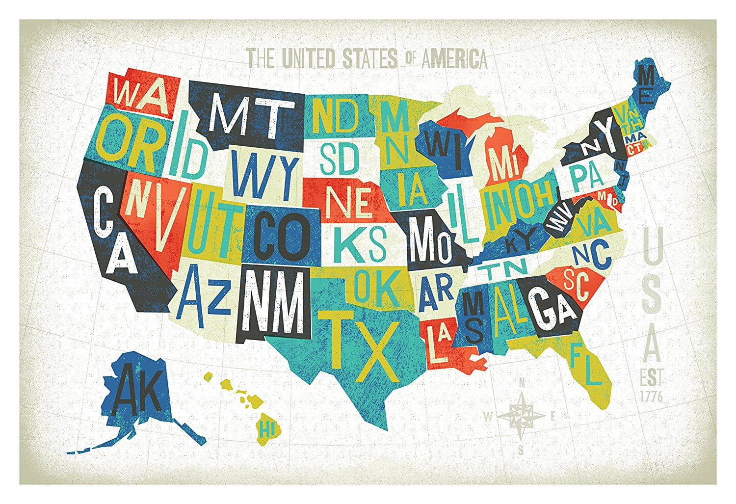 Beautiful Colorful Letterpress State Map of The United States by ...