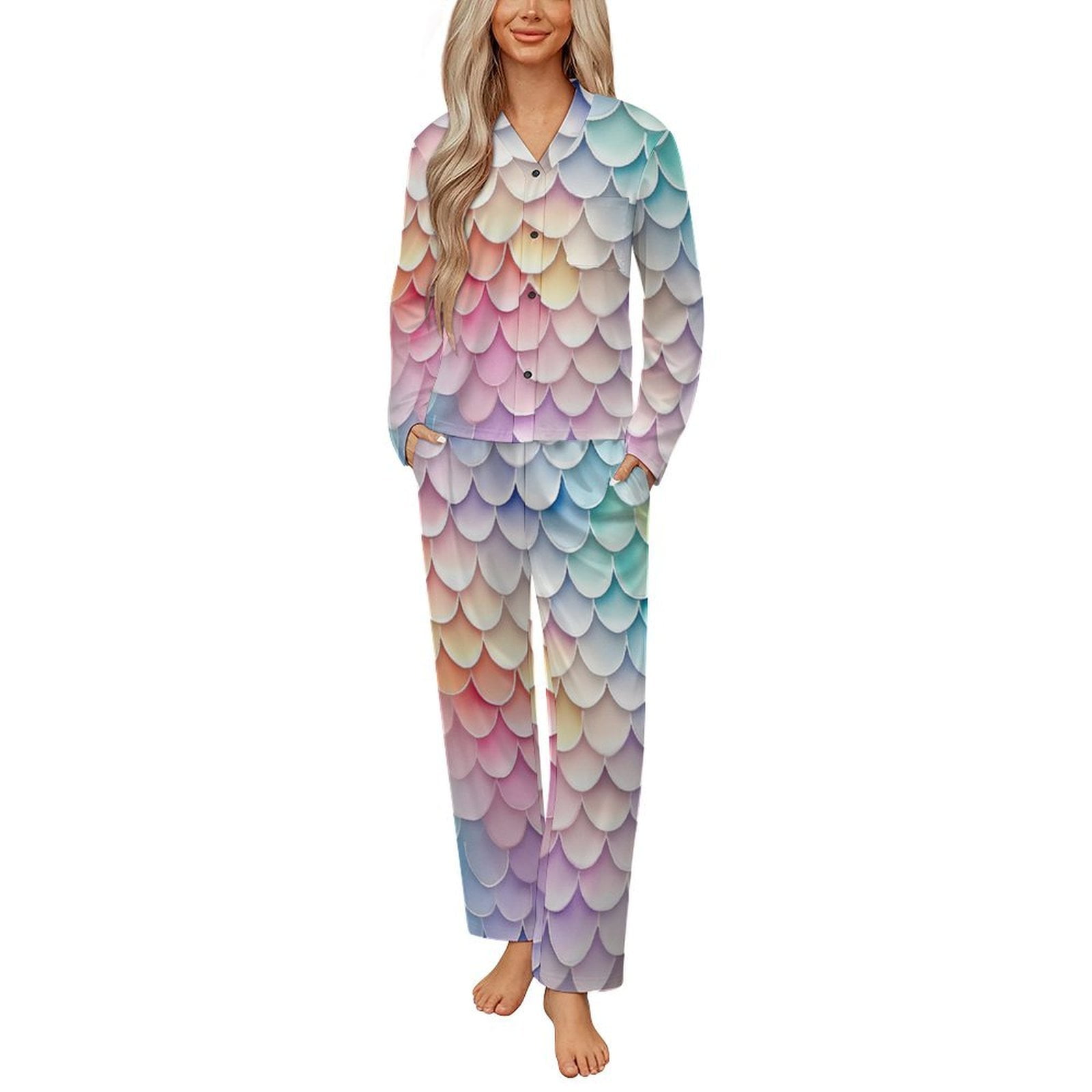 Beautiful Colorful Mermaid Scales Womens Pyjamas Set Button Up Pyjamas ...