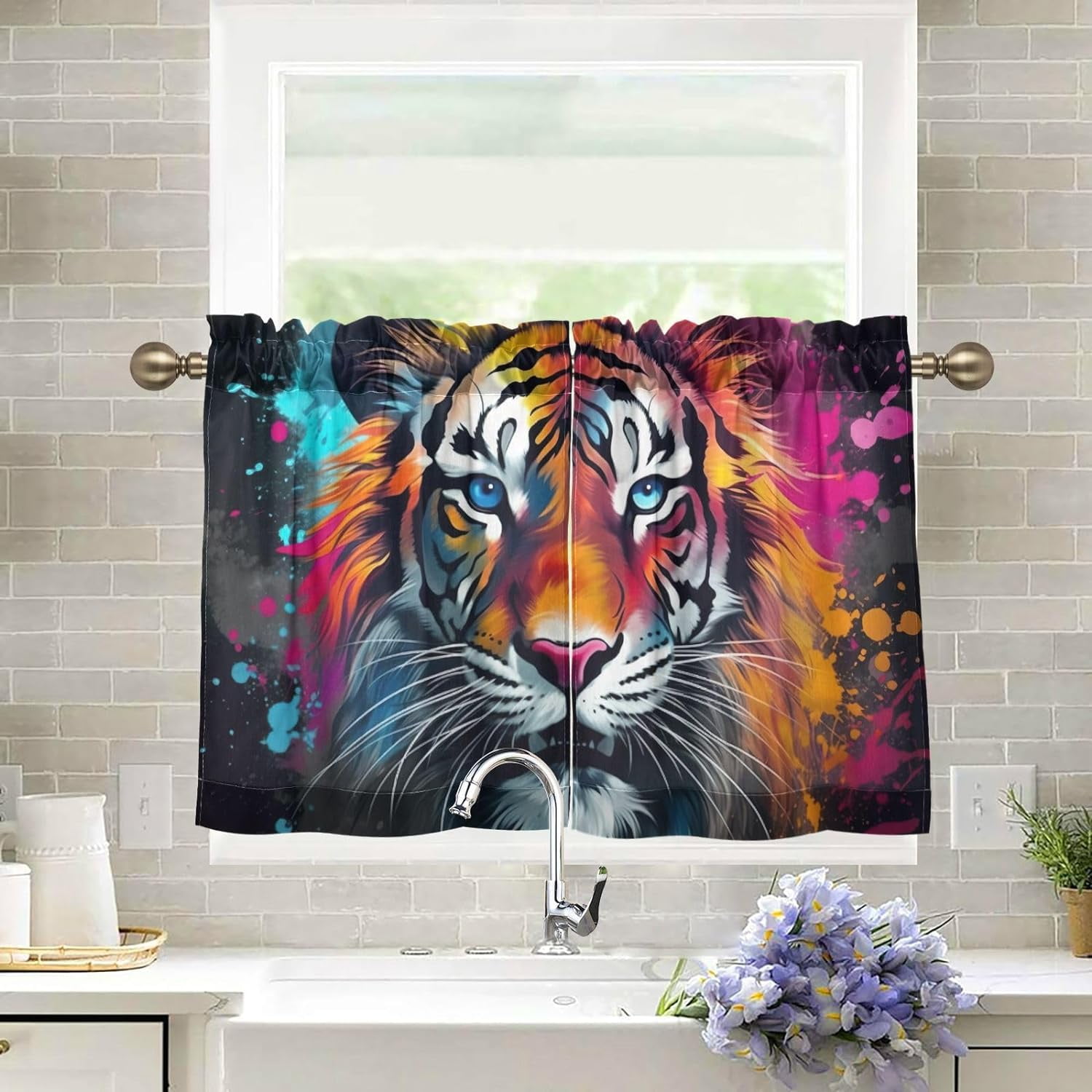 Beautiful Colorful Tiger Half Window Tier Curtains 36 Inch Blackout ...
