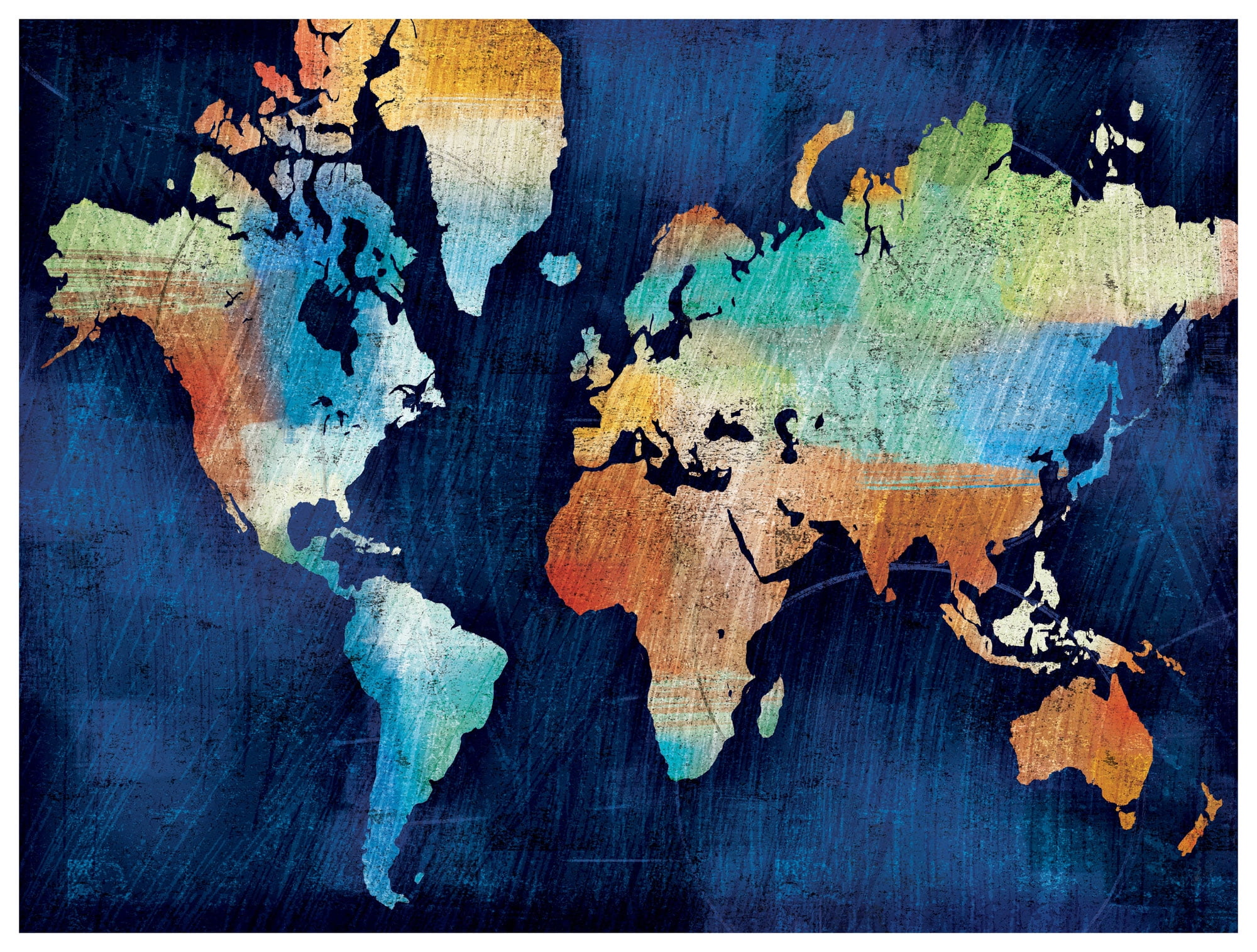 Beautiful Colorful World Map on Blue by Michael Mullan; One 16x12in ...