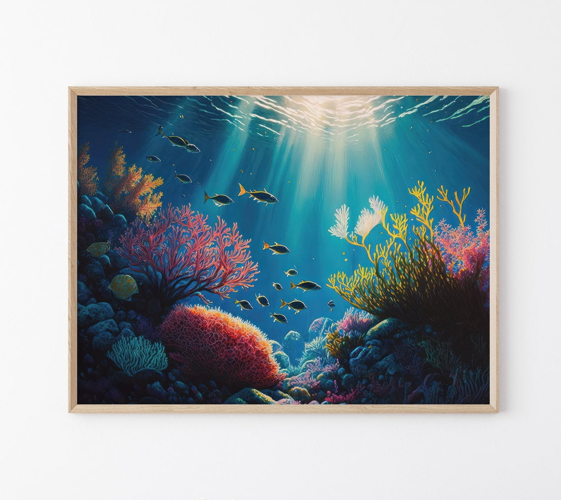 Beautiful Coral Reef With Tropical Fish Sea Life Ocean Art Painting ...