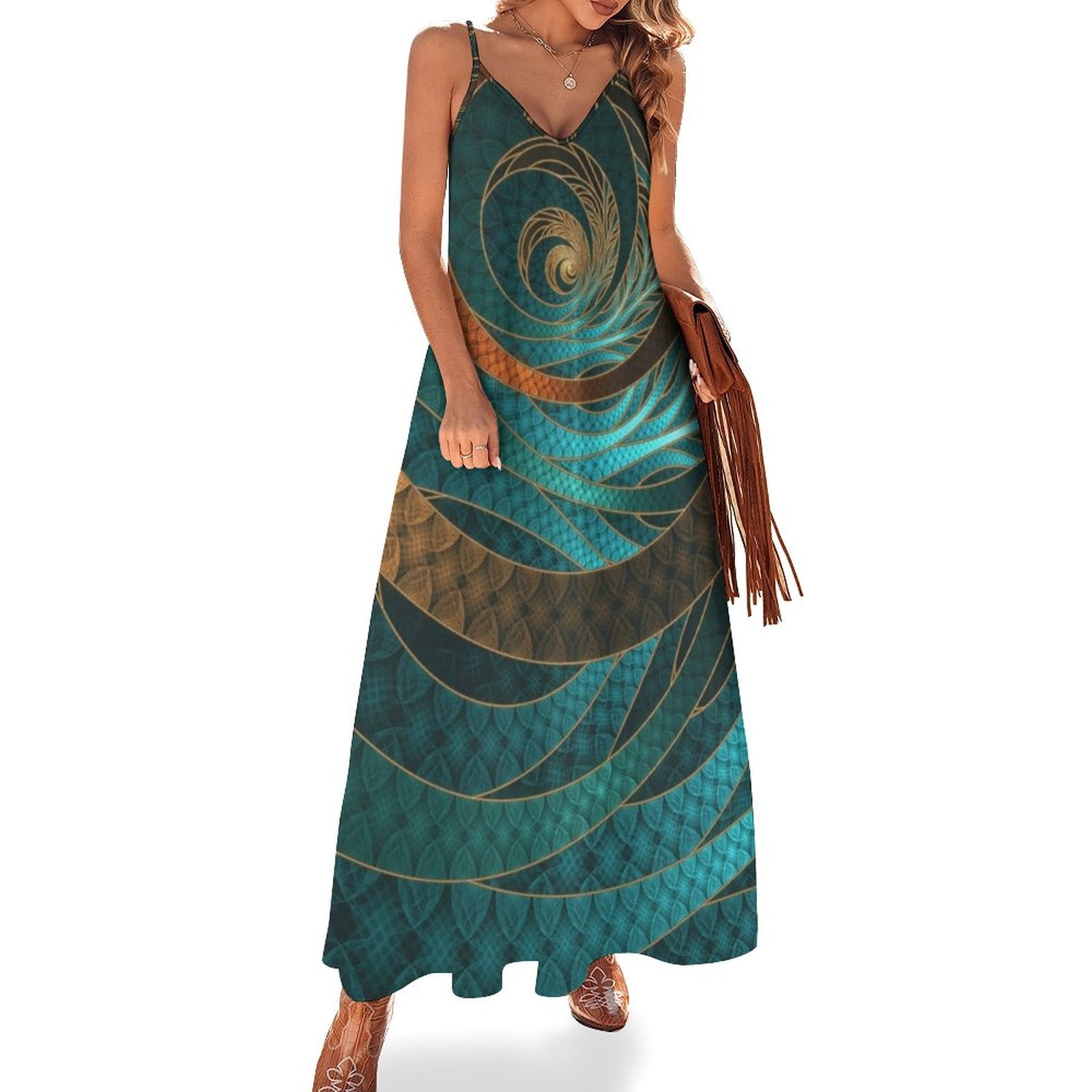 Beautiful Corded Leather Turquoise Fractal Bangles Sleeveless Dress ...