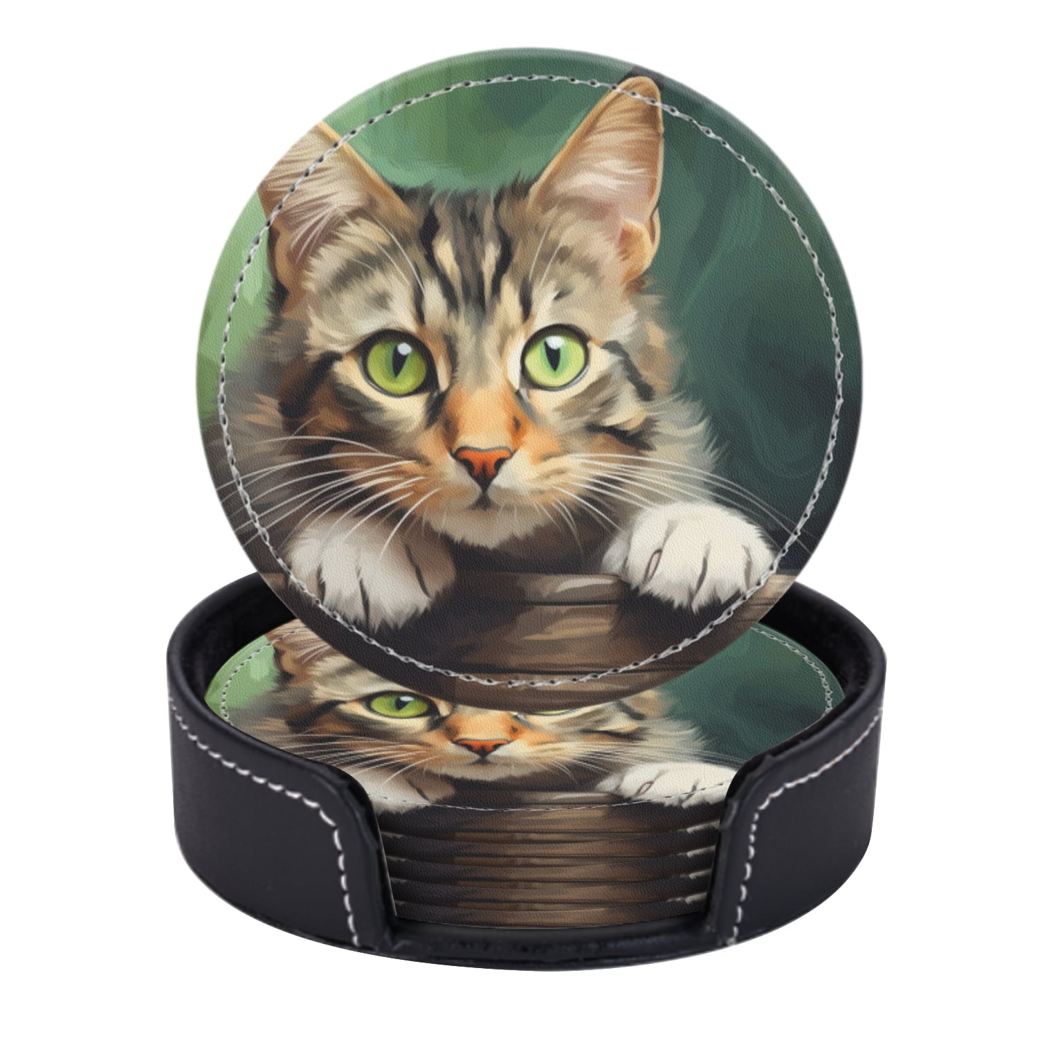 PU Leather Coasters for Drinks Bar Beer,Set of 6 with Holder,Round ...