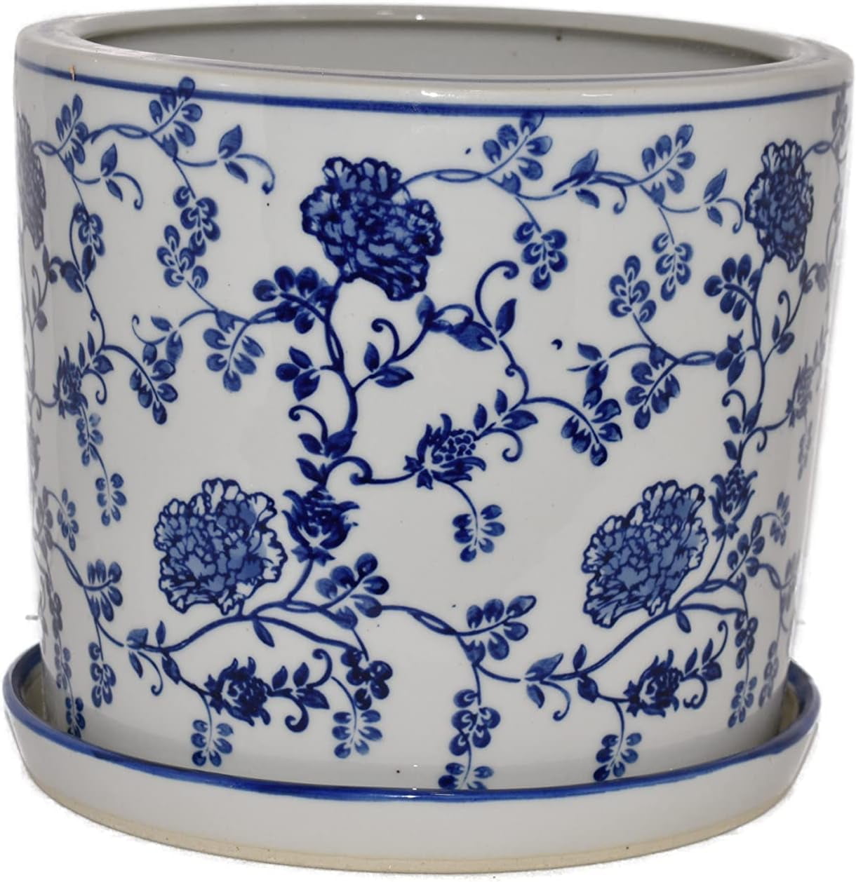Beautiful Cylinder Shape Oriental Flowering Vine Blue & White Ceramic ...