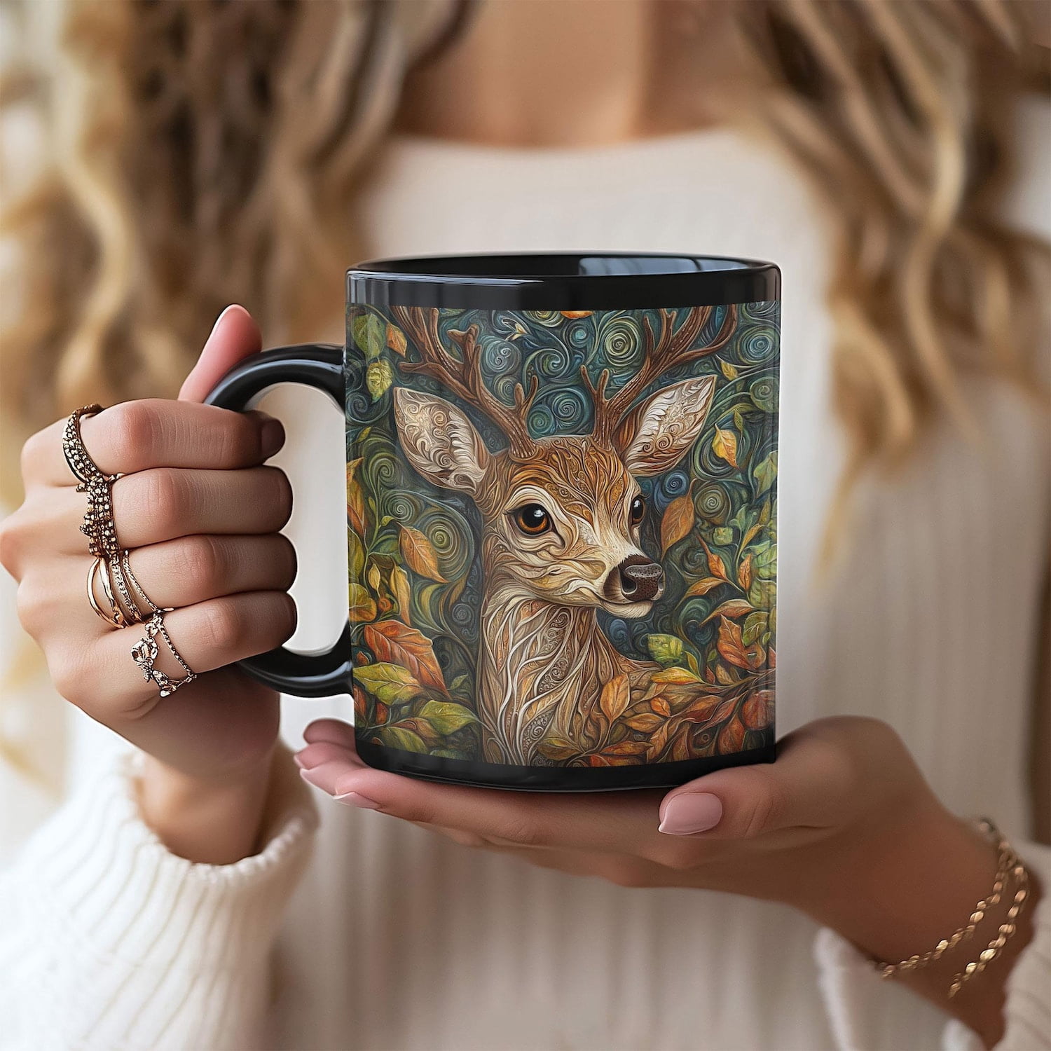 Beautiful Deer with Soulful Eyes surrounded by Flowers and Patterns ...