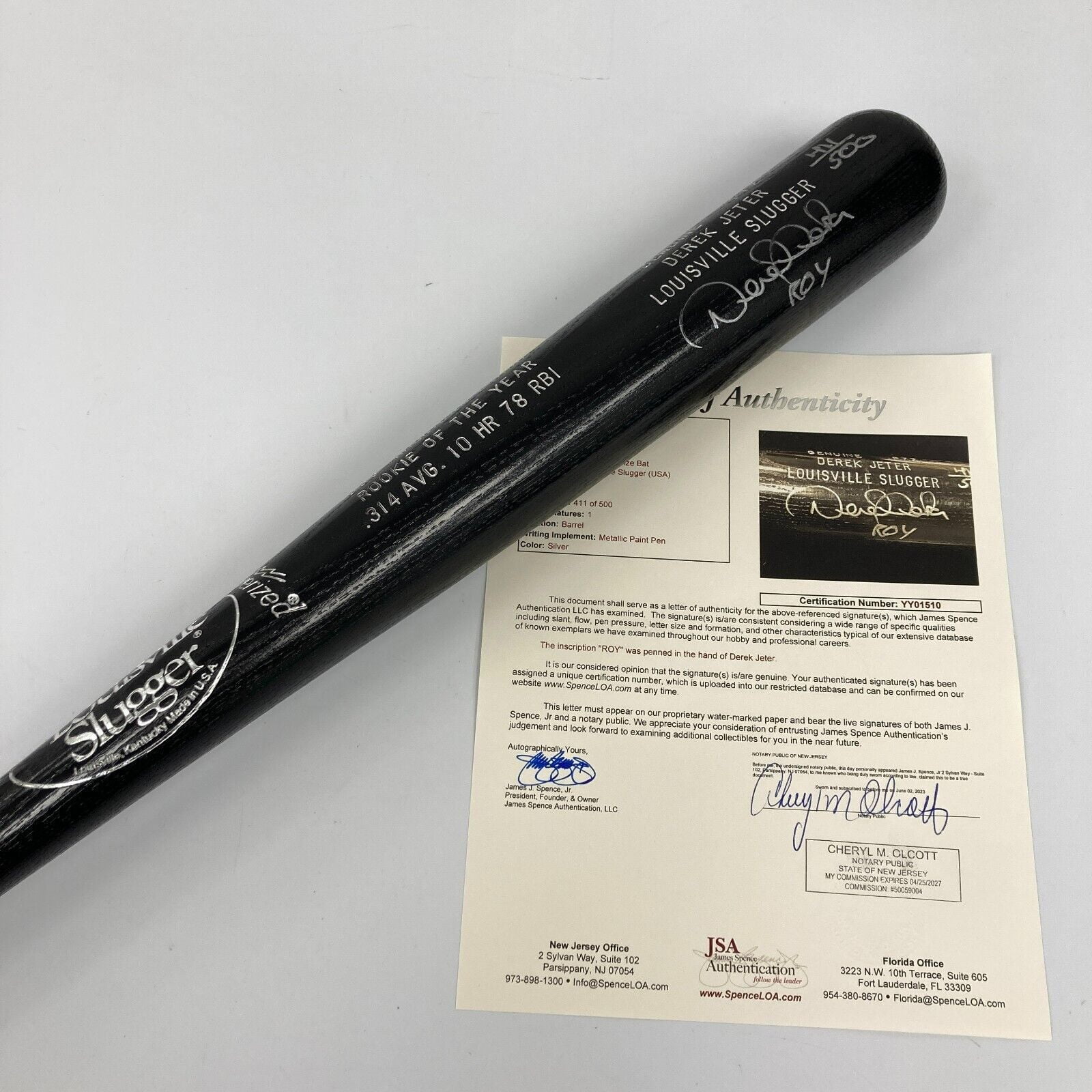 Beautiful Derek Jeter Rookie Of The Year 1996 Signed Game Model Bat JSA ...