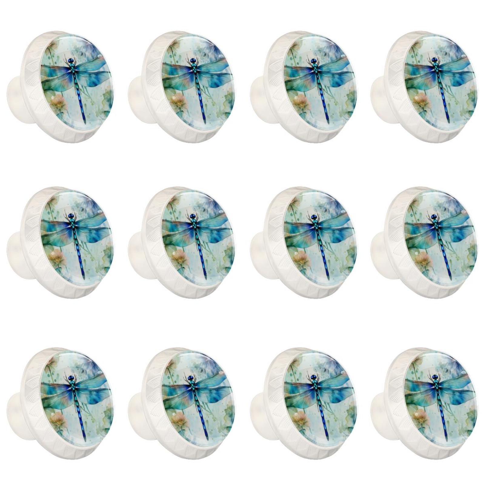 Beautiful Dragonfly Insects 12 Pcs White Round Drawer Pulls with Screws ...