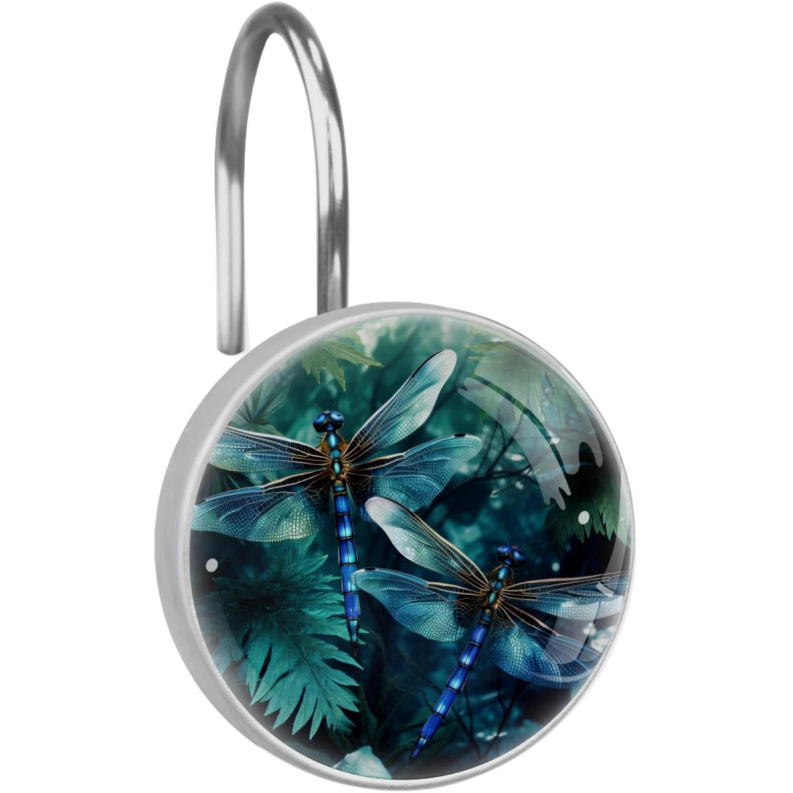 Beautiful Dragonfly Insects Pattern 2PCS Unique Hooks Resin Glass Stainless Steel Shower Curtain ...
