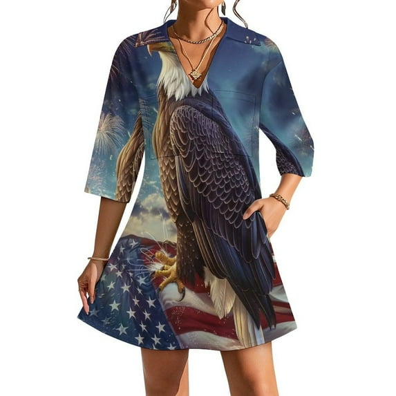 Beautiful Eagle And USA Flag Womens Dress With Pockets Summer V Neck 3/ ...