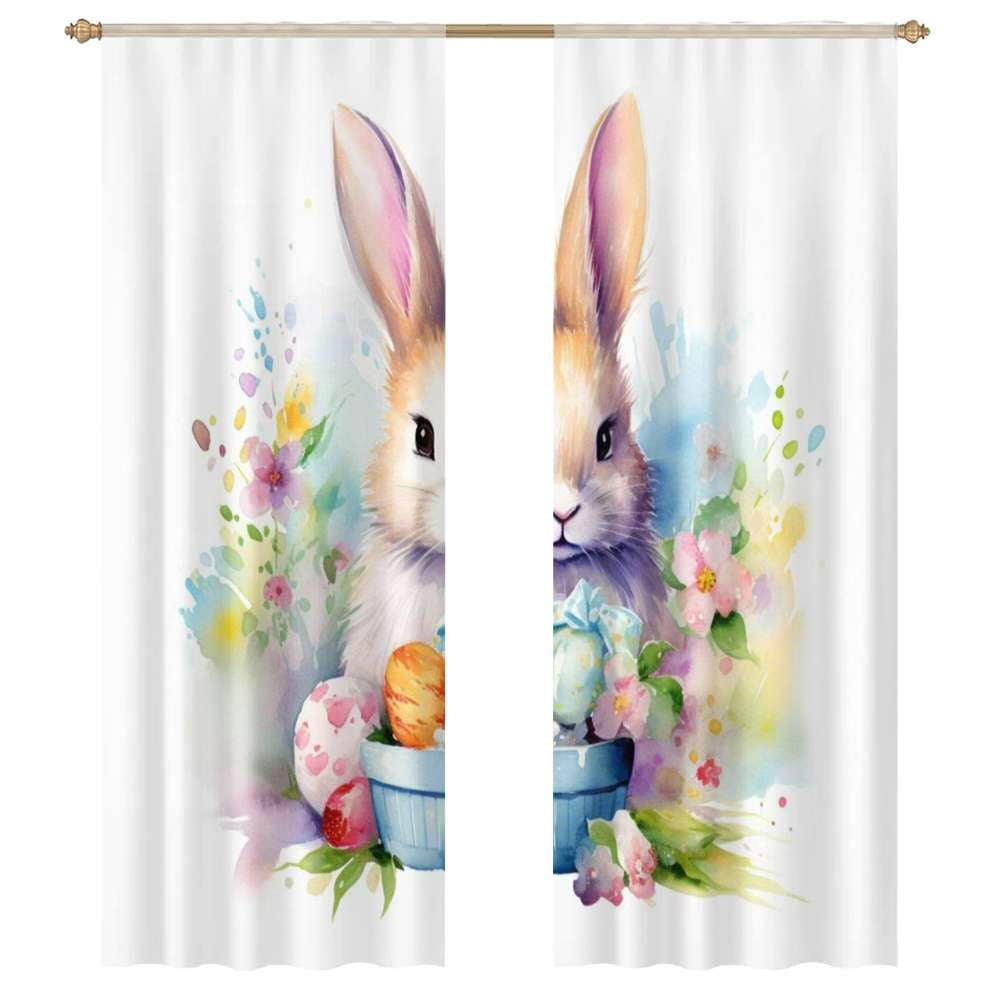 Beautiful Easter Bunny Flowers Eggs Sheer Window Curtains for Living ...