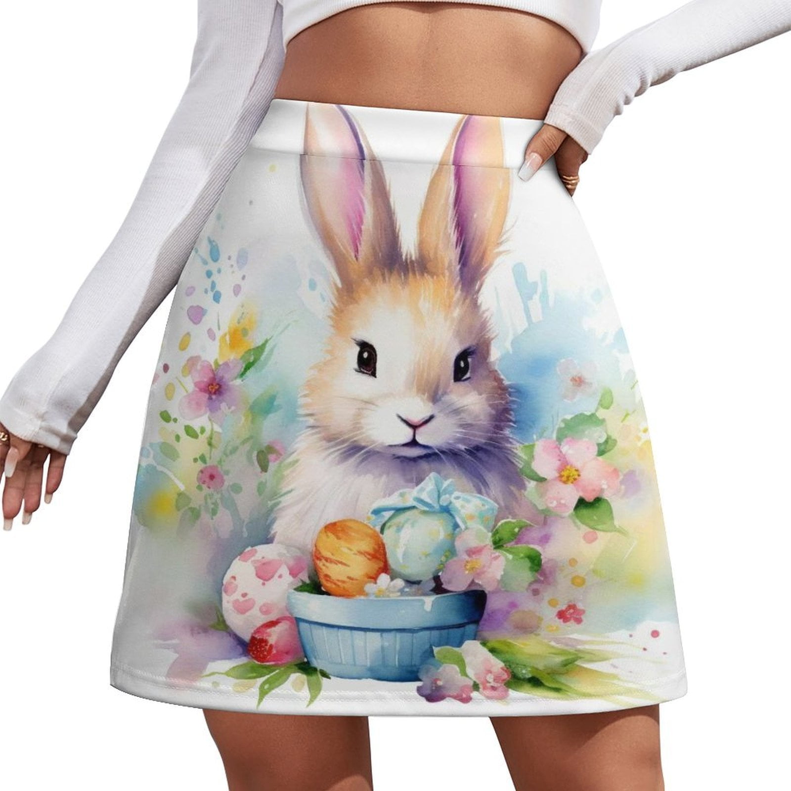 Beautiful Easter Bunny Flowers Eggs Women's High Waist Skirt Stretchy ...