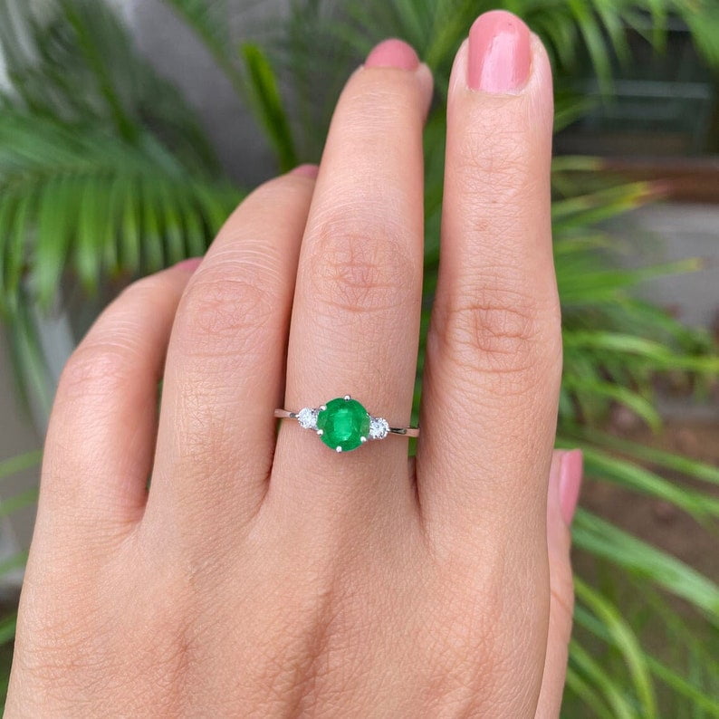 Beautiful Emerald Ring Natural Emerald Engagement Ring Three Stone Ring ...