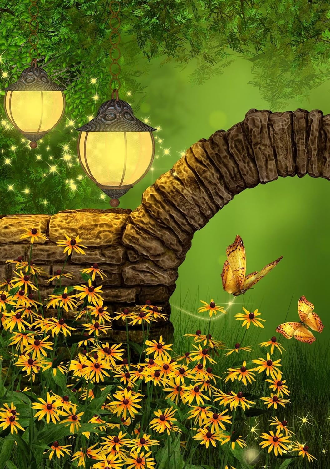 Beautiful Fairy Tale Scene with Butterflies and Yellow Flowers Garden ...