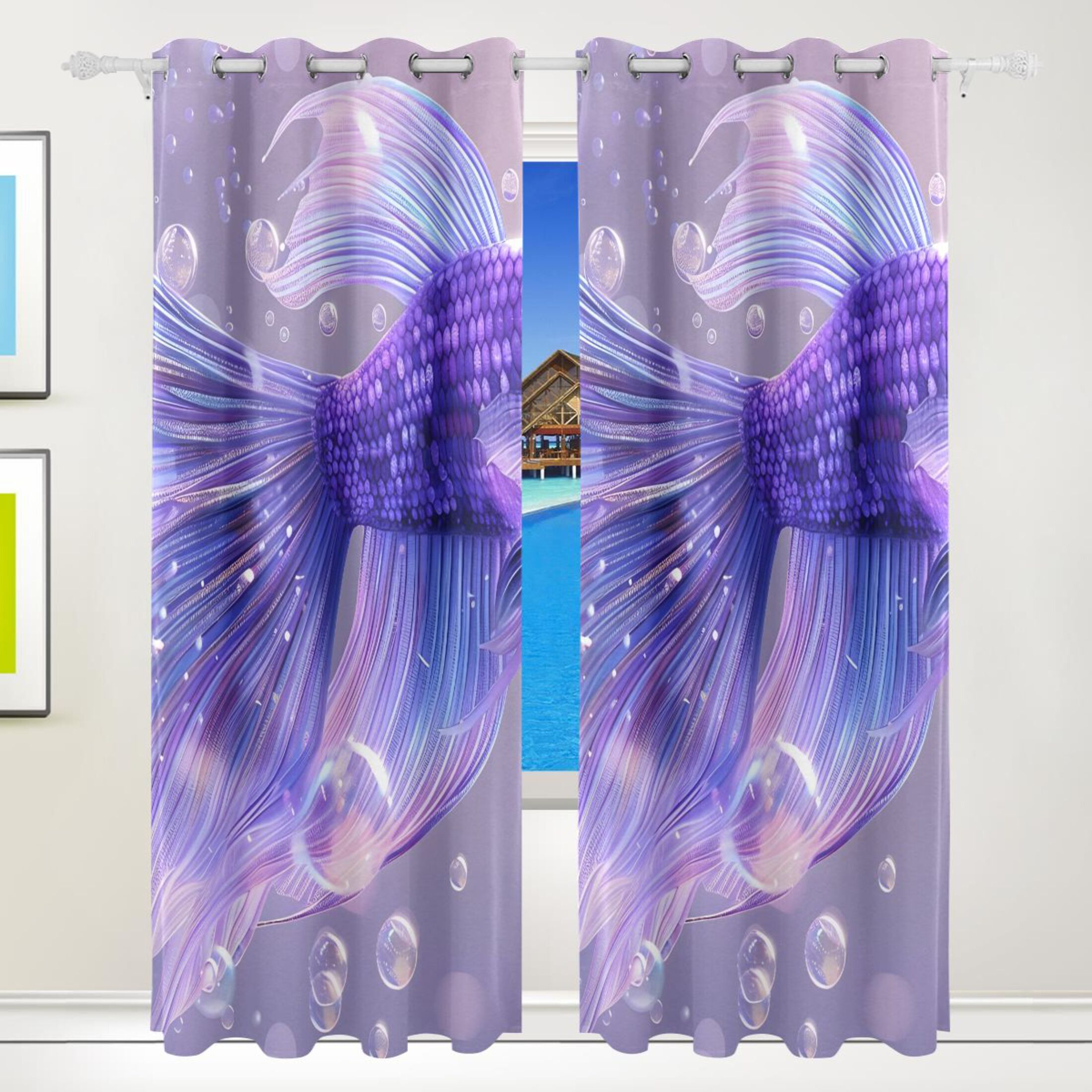 Beautiful Fish Tail and Bubble Blackout Curtains 72 inch Length 2 ...