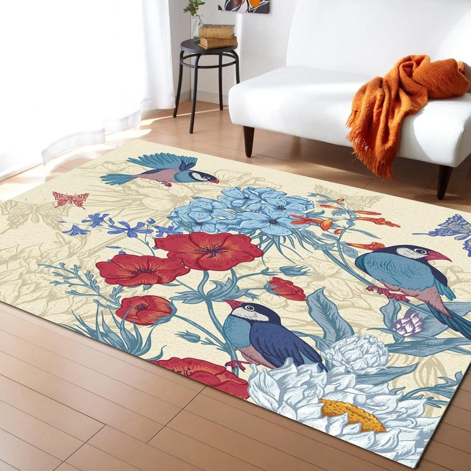 Beautiful Floral Branches Area Rug, Flying Butterflies Birds Birds ...