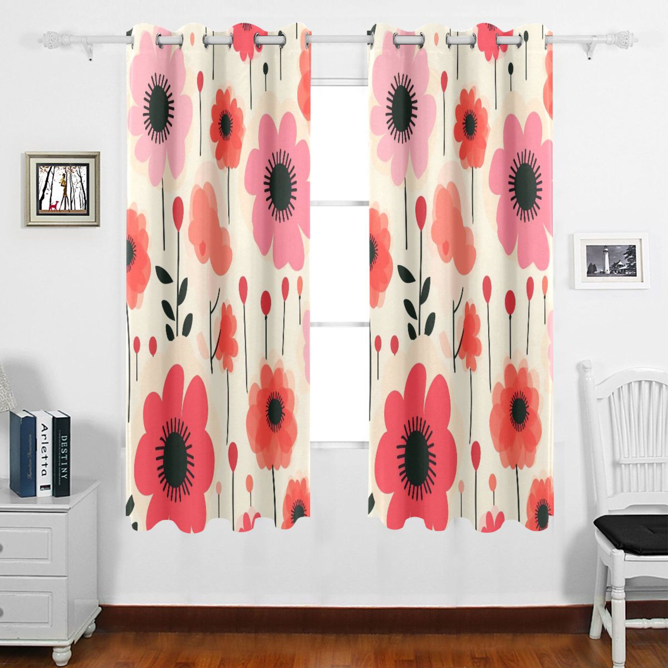 Beautiful Floral Grommet Blackout Curtains Thermal Insulated Window Curtain Sets for Bedroom ...