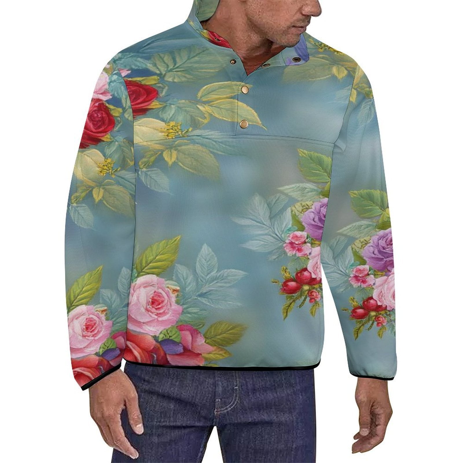 Beautiful Floral Pastel Rose Pattern Men's Stand Collar Sweater Long ...