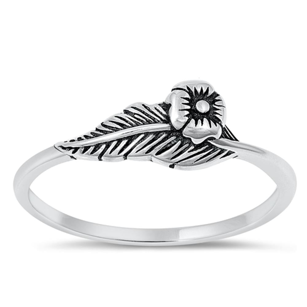 Beautiful Flower & Leaf Ring .925 Sterling Silver Oxidized Band Jewelry ...