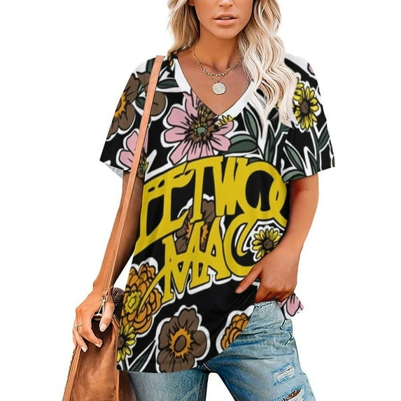 Beautiful Flower Poster Ruffle Short Sleeve T-Shirt Women's V Neck ...