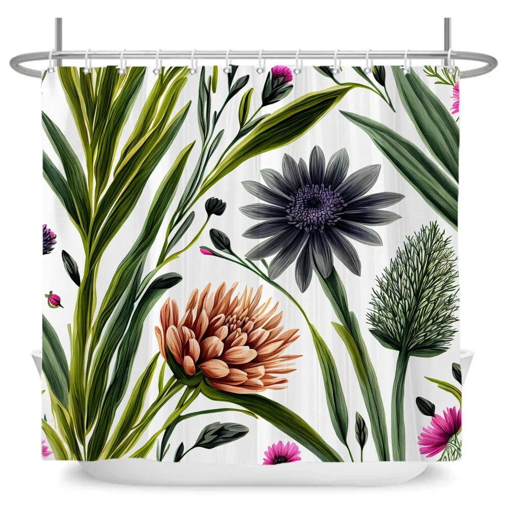 Beautiful Flowers Shower Curtain Watercolor Leaves on The Top Plant ...
