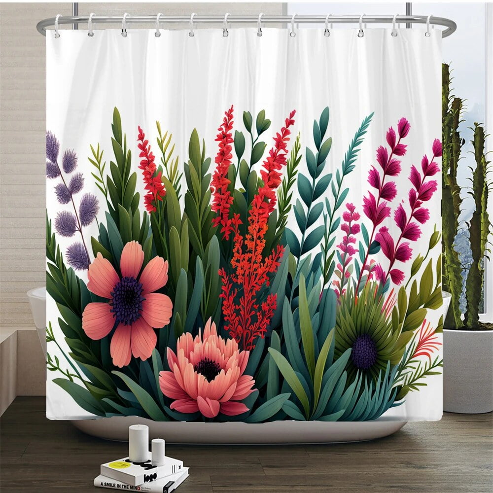 Beautiful Flowers Shower Curtain Watercolor Leaves on The Top Plant ...