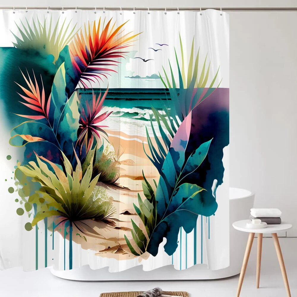 Beautiful Flowers Shower Curtain Watercolor Leaves on The Top Plant ...
