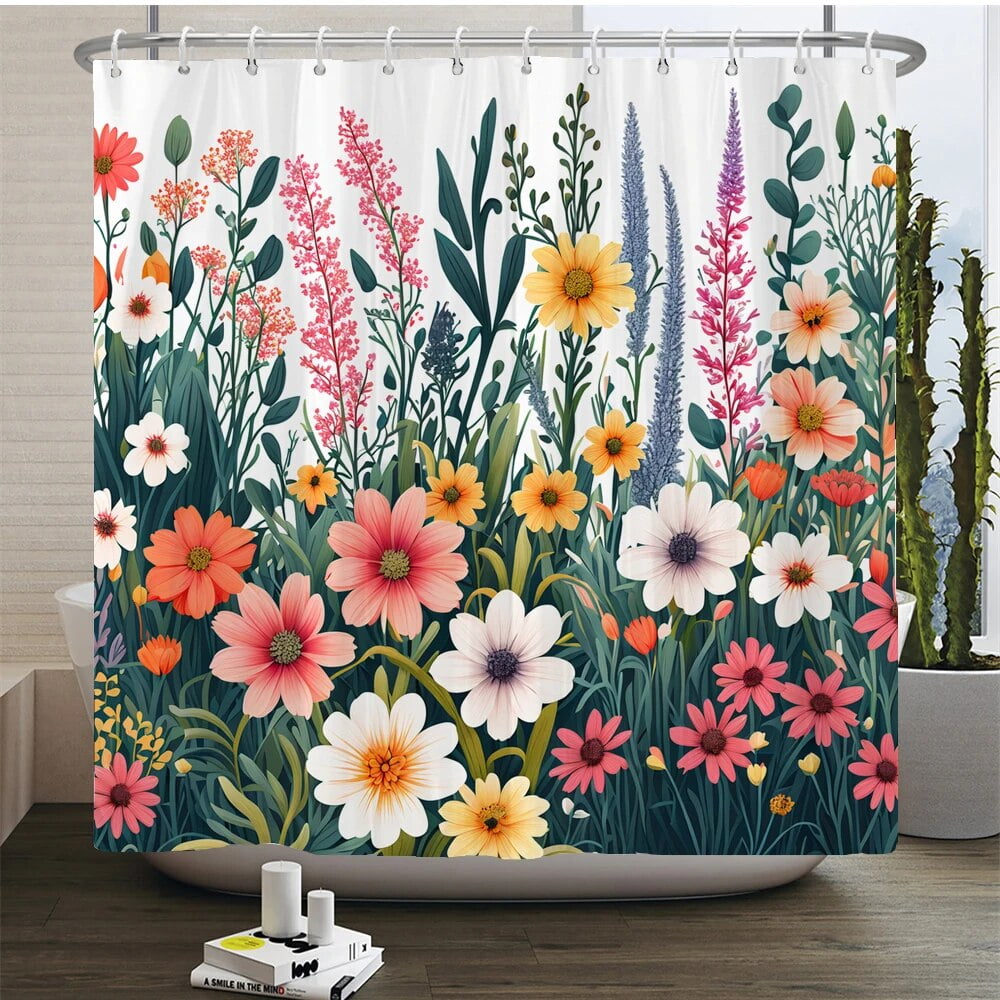 Beautiful Flowers Shower Curtain Watercolor Leaves on The Top Plant ...
