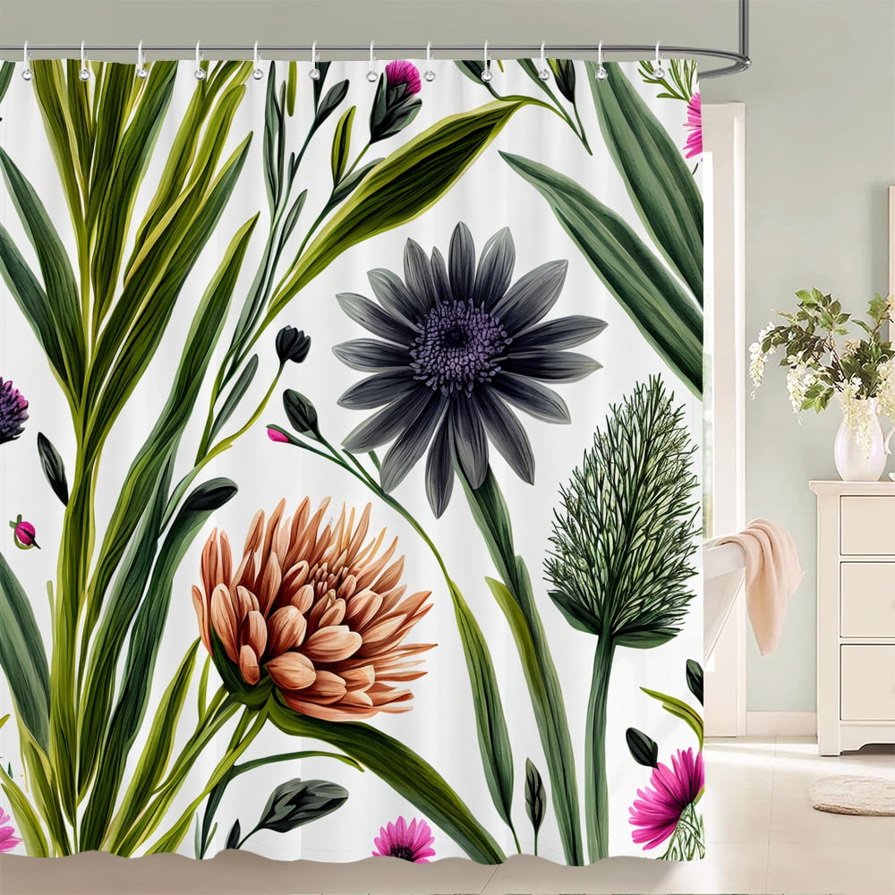 Beautiful Flowers Shower Curtain Watercolor Leaves on The Top Plant ...