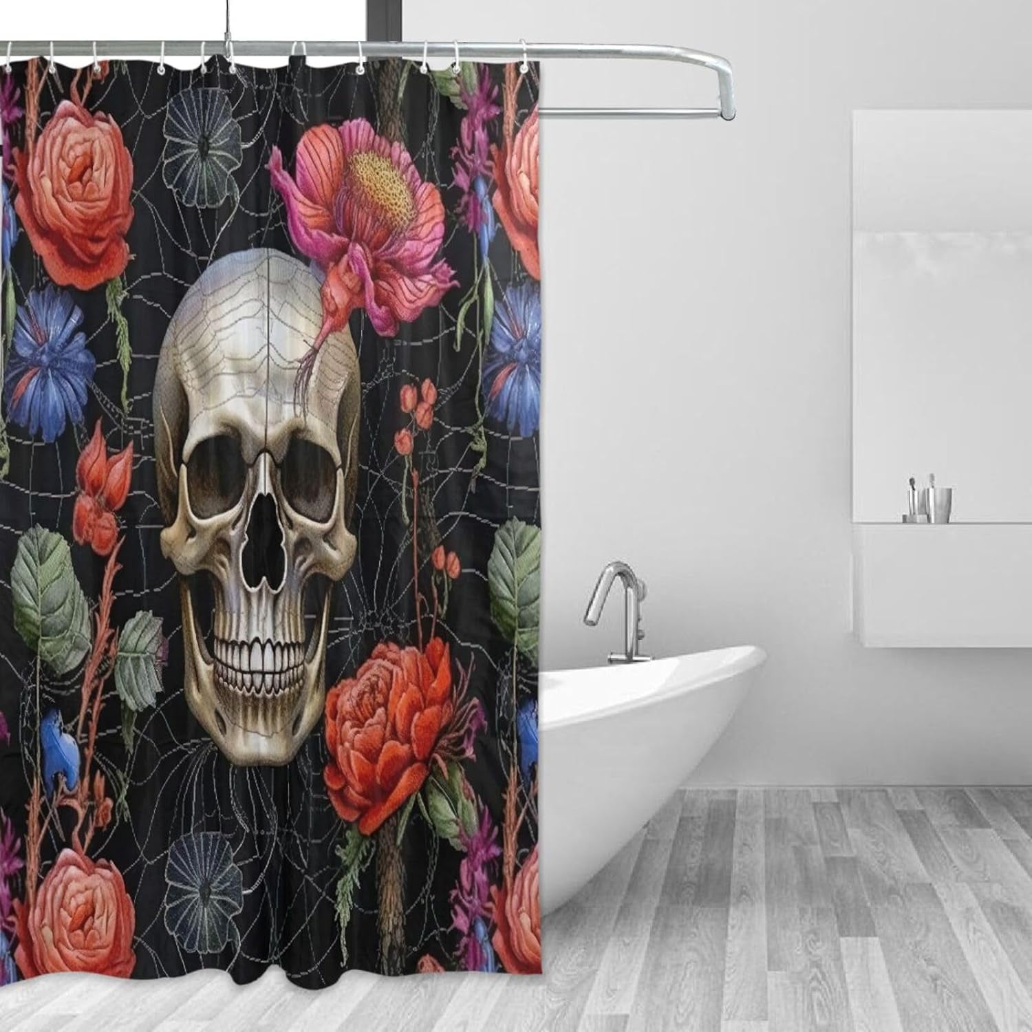 Beautiful Flowers and Skull Shower Curtain Waterproof Fabric with 12 ...