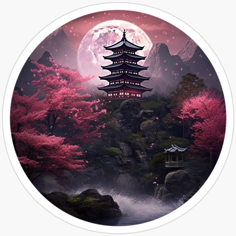 Beautiful Full Moon Japanese Pagoda Stickerphone Decal Water Bottle ...