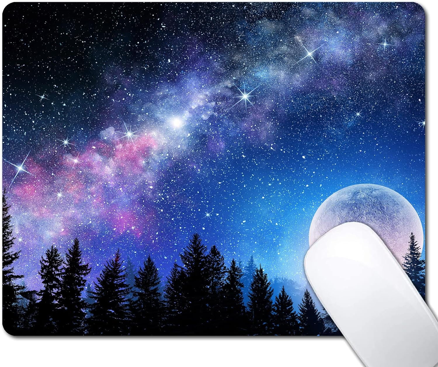 Beautiful Galaxy Nebula Mouse Pad, Full Moon in Night Forest Mouse Pad ...